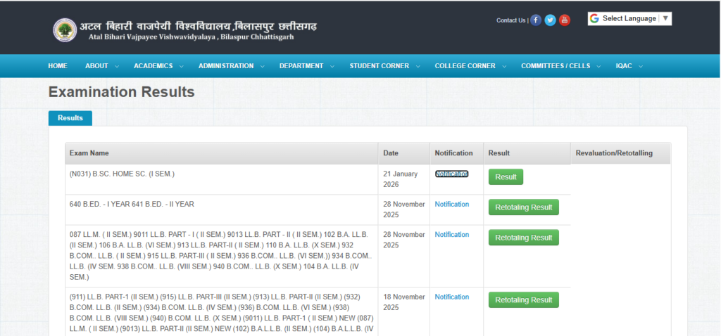 Bilaspur University Result 2025-2026 – Check UG, PG, Law Semester ...